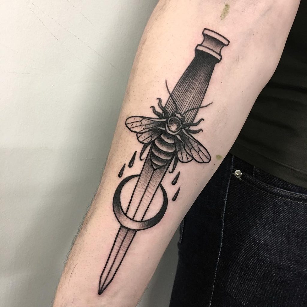 Outline dagger and rose tattoo - Tattoogrid.net