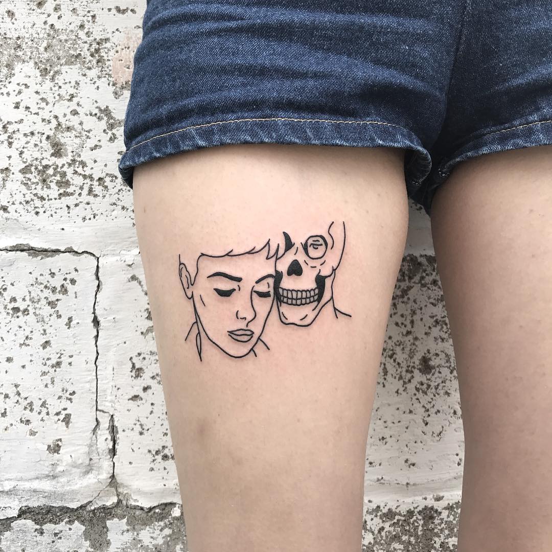 Young Woman And Skeleton Tattoo Tattoogrid Young Woman And Skeleton Tattoo Tattoogrid