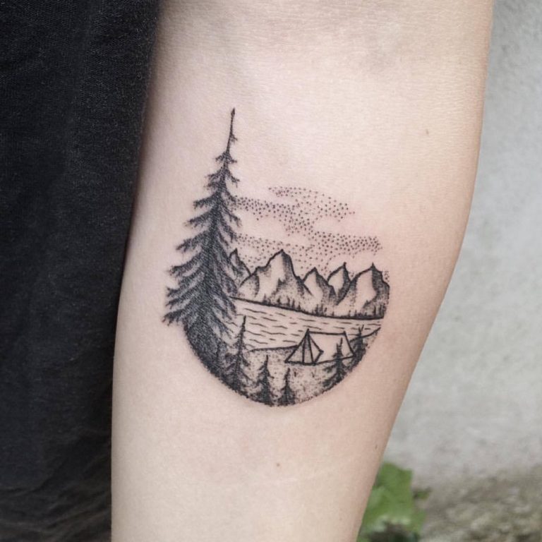 Mountain stream scenery tattoo - Tattoogrid.net