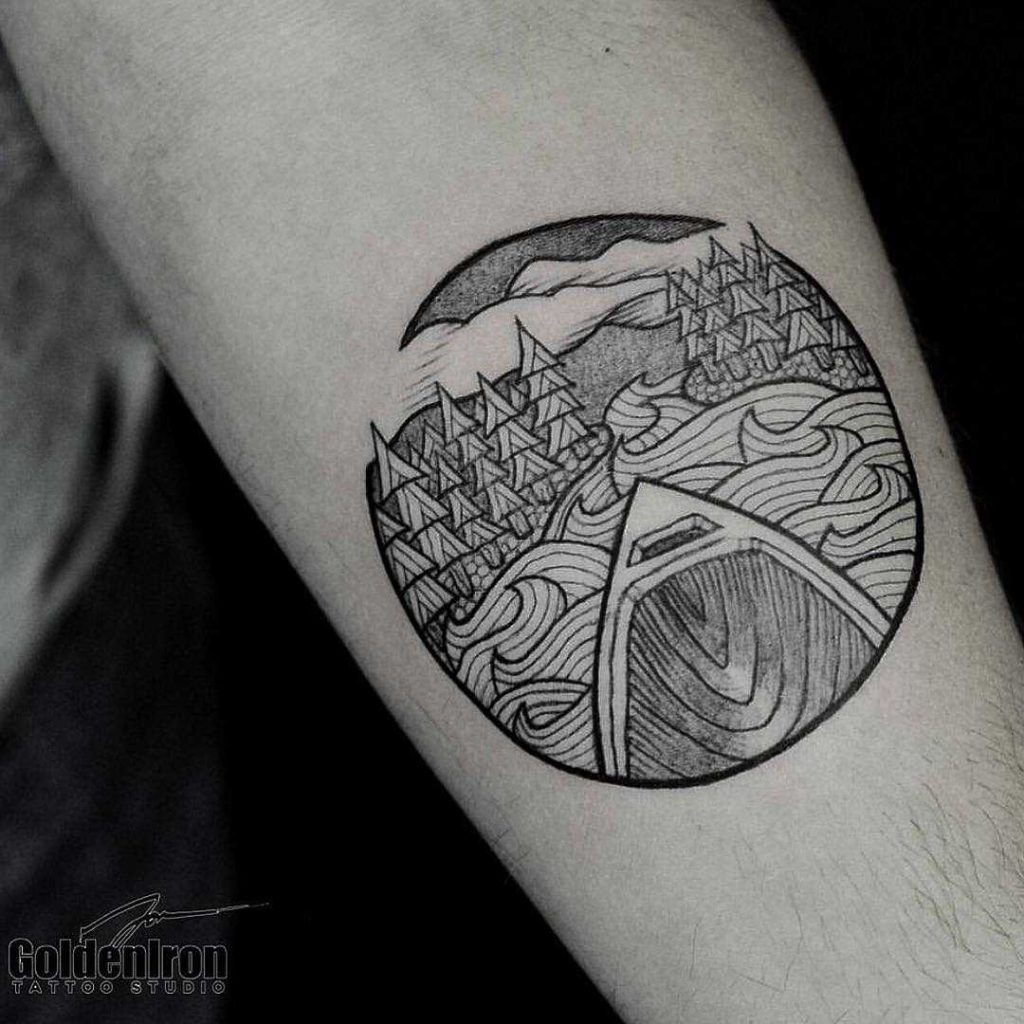 Rhombus-shaped beautiful landscape tattoo - Tattoogrid.net