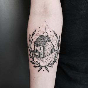 Handpoked rectangular mountains landscape tattoo - Tattoogrid.net
