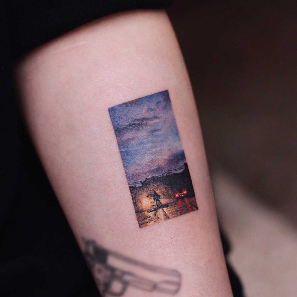 Linocut landscape tattoo by Eugene Dusty Past - Tattoogrid.net