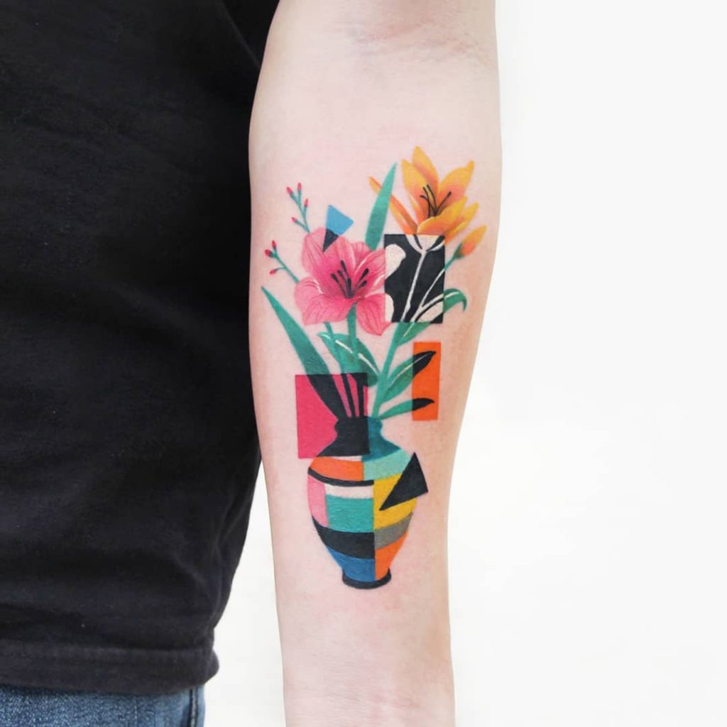 Handpoked rectangular mountains landscape tattoo - Tattoogrid.net