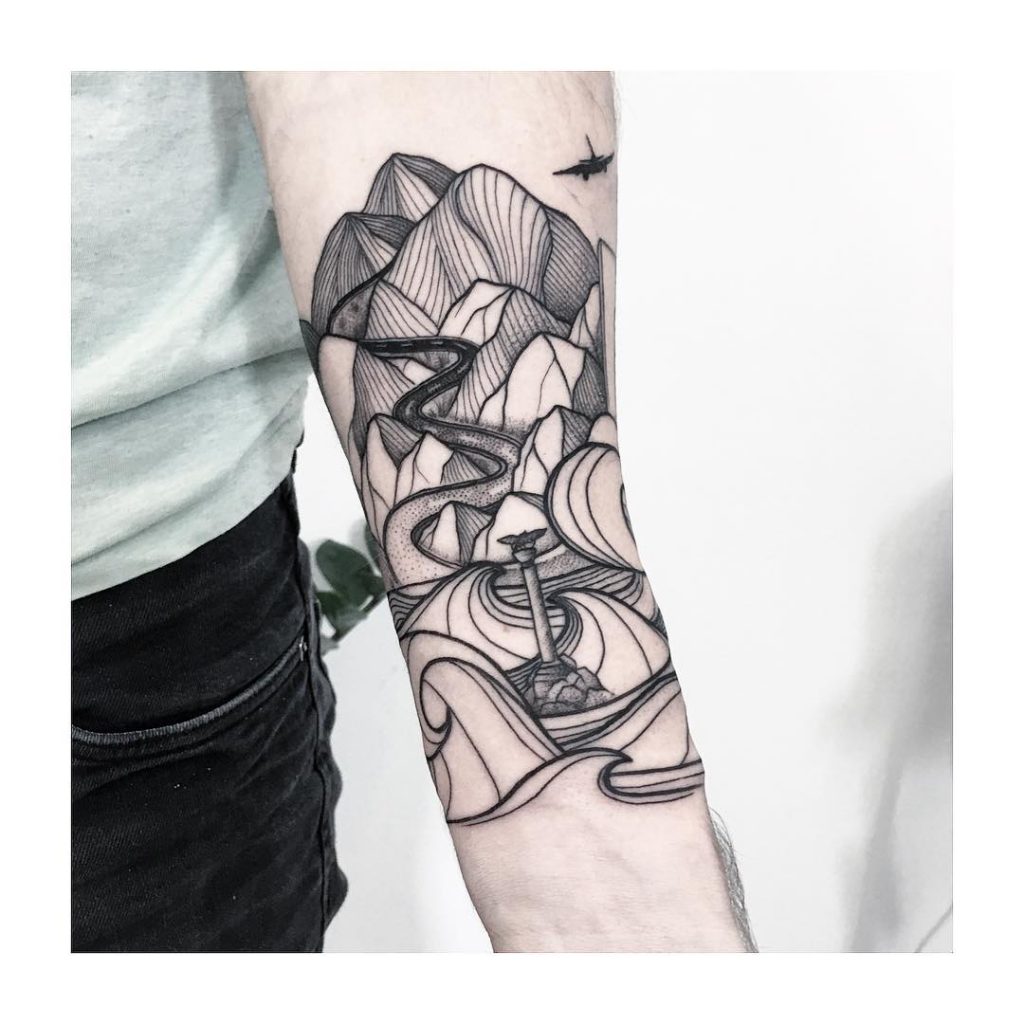 Handpoked rectangular mountains landscape tattoo - Tattoogrid.net